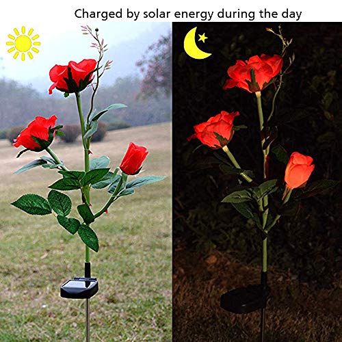 LamQee 3 Head Rose Flower Solar Powered LED Lights IP65 Waterproof Outdoor In-Ground Stake Light Lamp for Garden Stake Yard Home Decor - Pack of 1, Red