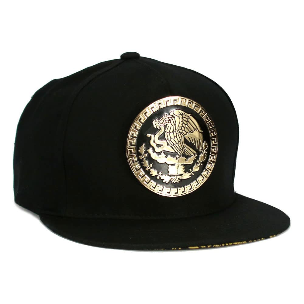 Mexican Mexico Hat Federal Metallic Gold Logo Snapback Flat Bill Baseball Cap (Black)