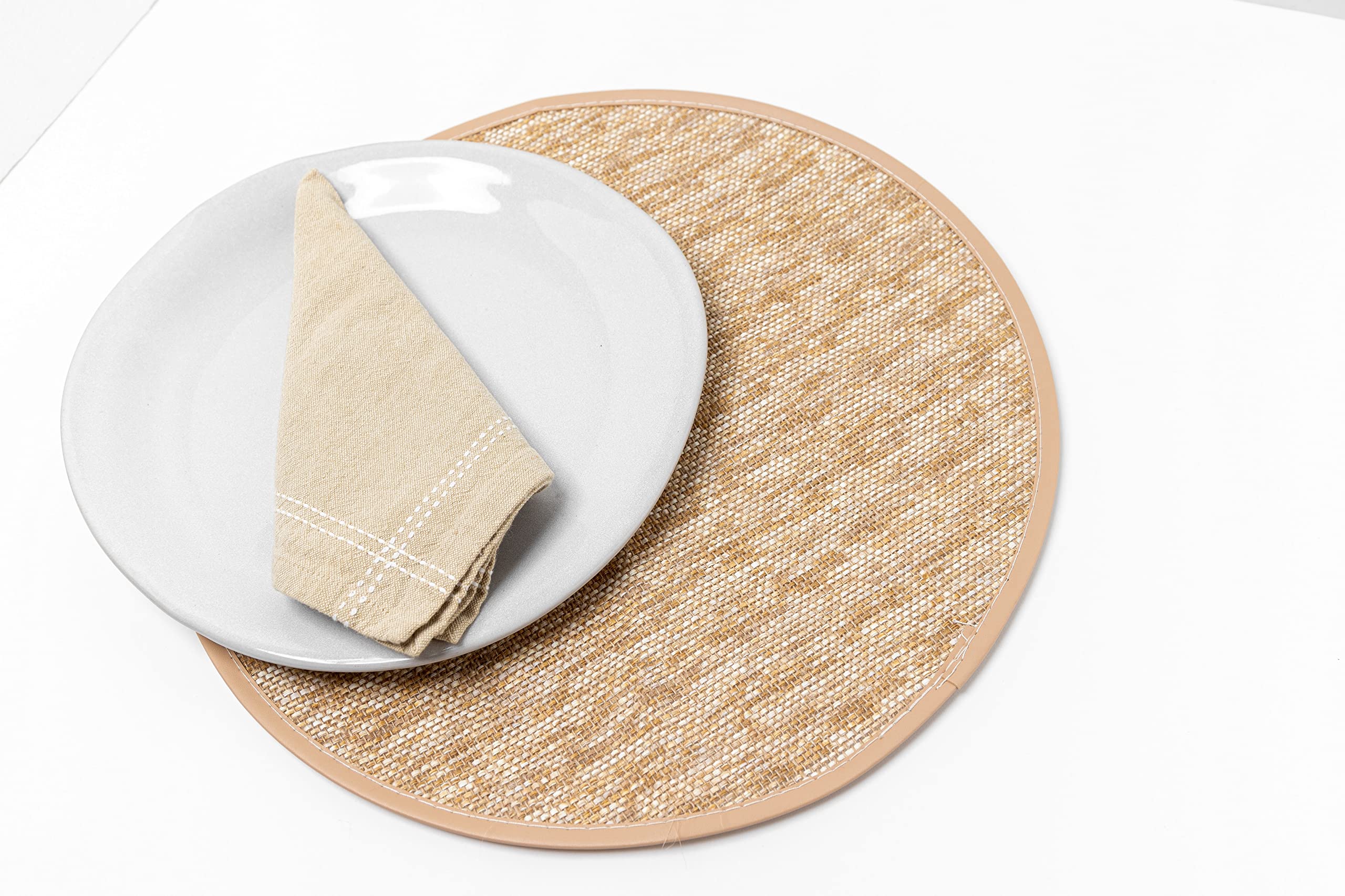 Jute Placemat with Leather Border, Burlap Placemats, Jute Rustic Table Mats for Dining Tables Heat Resistant, Table Mats, BBQ's, Everyday Home Decor Set of 12, Round Placemats, Fall Placemats