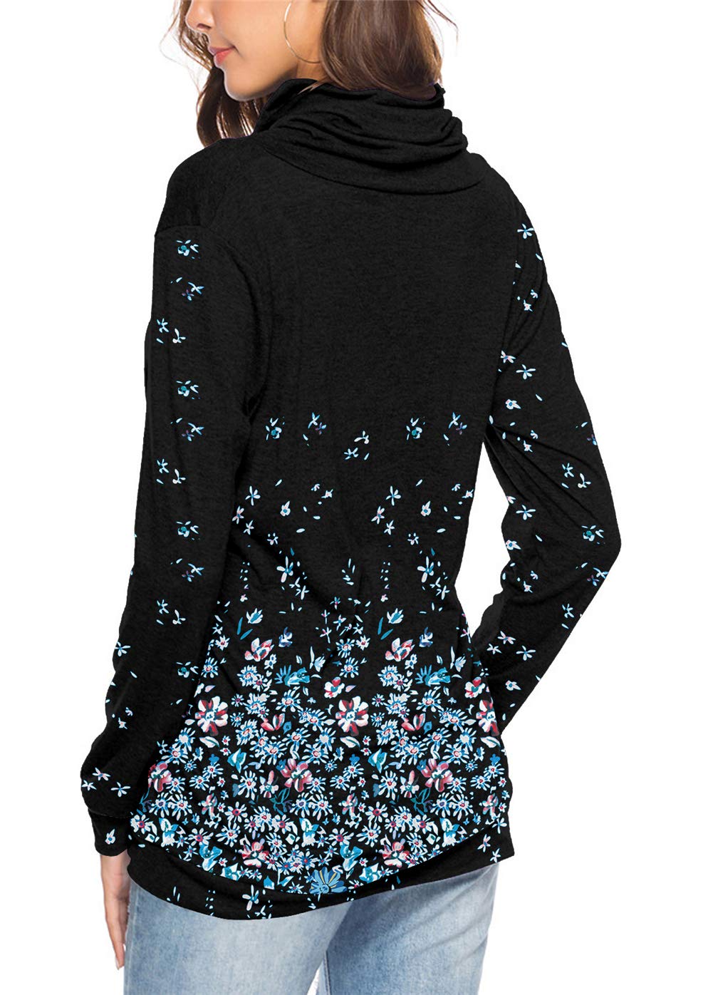 KISSMODA Women's Long Sleeve Solid Tunic Blouses and Tops Cowl Neck Sweatshirts with Button Navy Blue XL