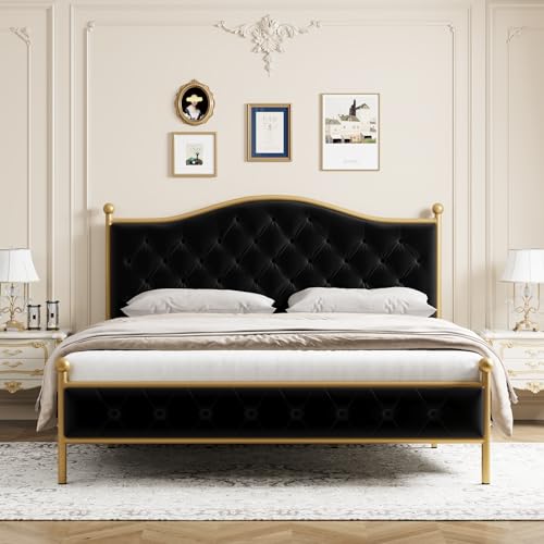 King Size Hand-Sewn Upholstered Platform Bed Frame with Button Tufted Headboard & Footboard, Modern Velvet Black Bed with Gold & Metal Frame and Solid Wood Slat/No Box Spring Needed/Easy Assembly