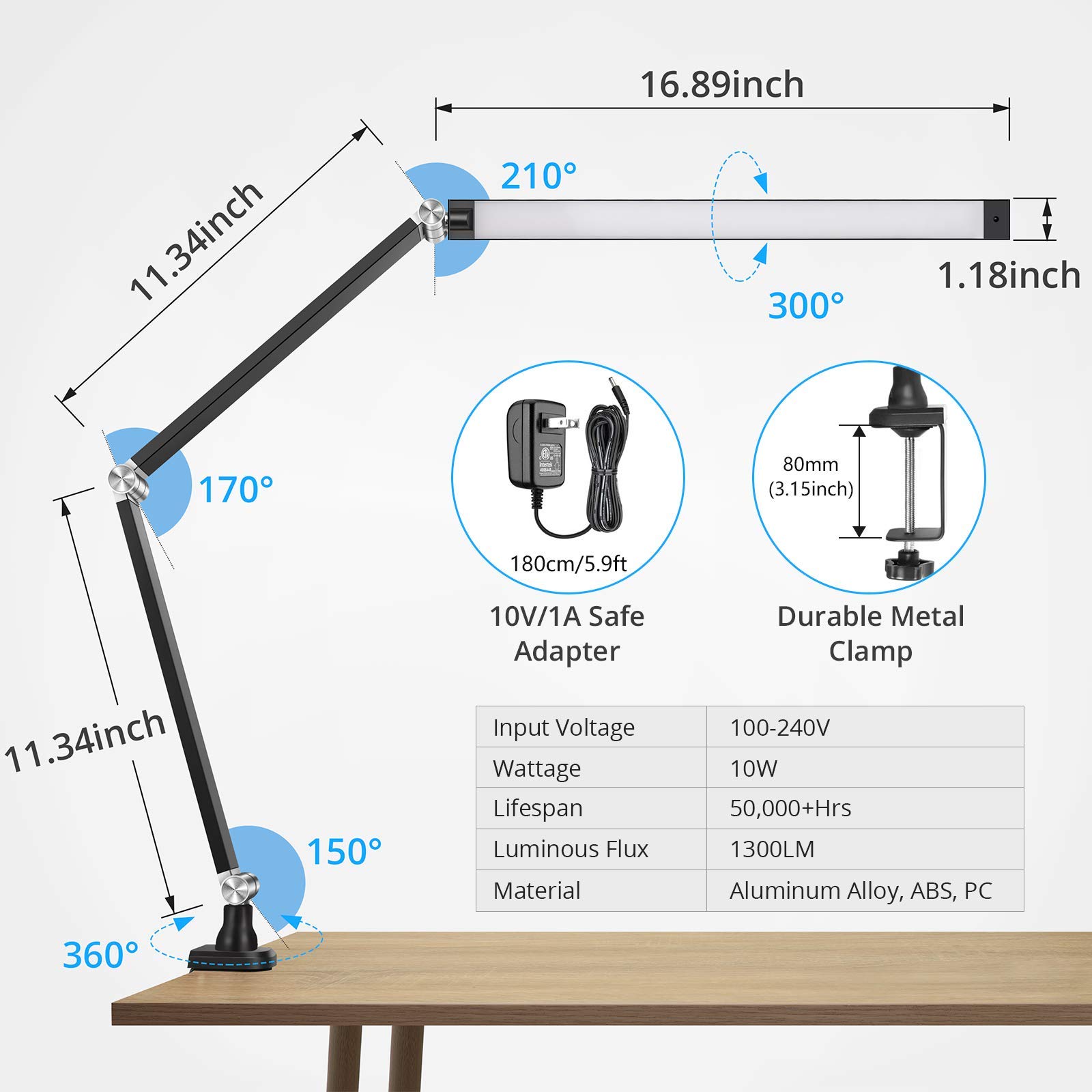 LED Desk Lamp with Clamp, Metal Swing Arm Lamp with Remote, 5 Color Modes & Stepless Dimming Architect Lamp, 10W Eye-Care Task Lamp Timer for Office, Work, Home, Reading, Dorm (Black)