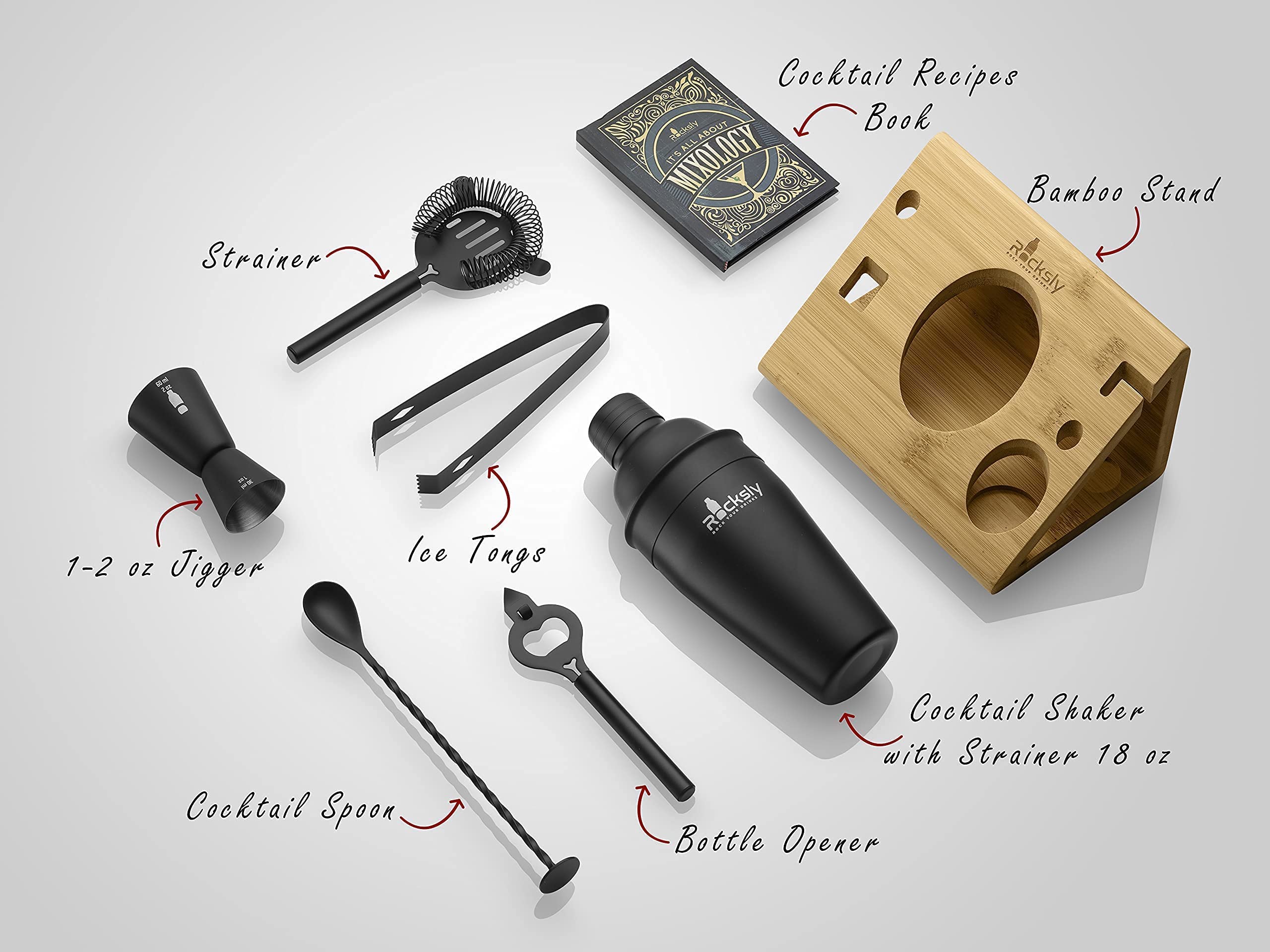 ROCKSLY Mixology Bartender Kit and Cocktail Shaker Set for Drink Mixing | Mixology Set with 6 Bar Set Tools and Bamboo Stand Makes It The Perfect Home Cocktail Kit | Complete Bartender Kit (Black)