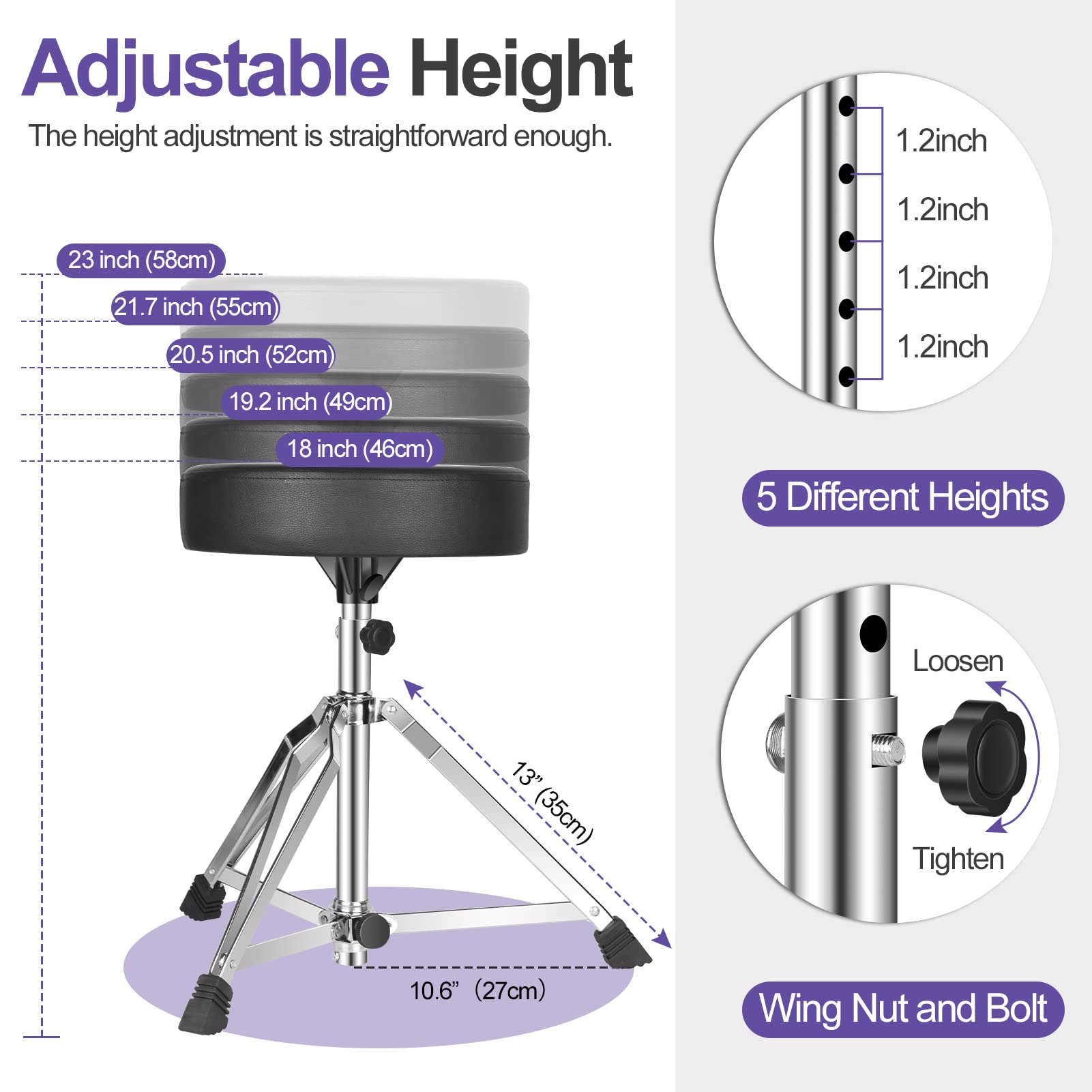 OUKMIC Drum Throne, Comfortable Adjustable Height Padded Drummer Stool, Tripod Non-Slip Foot Chair, Portable Folding Music Seat for Adults Kids, 5A Drumsticks Included