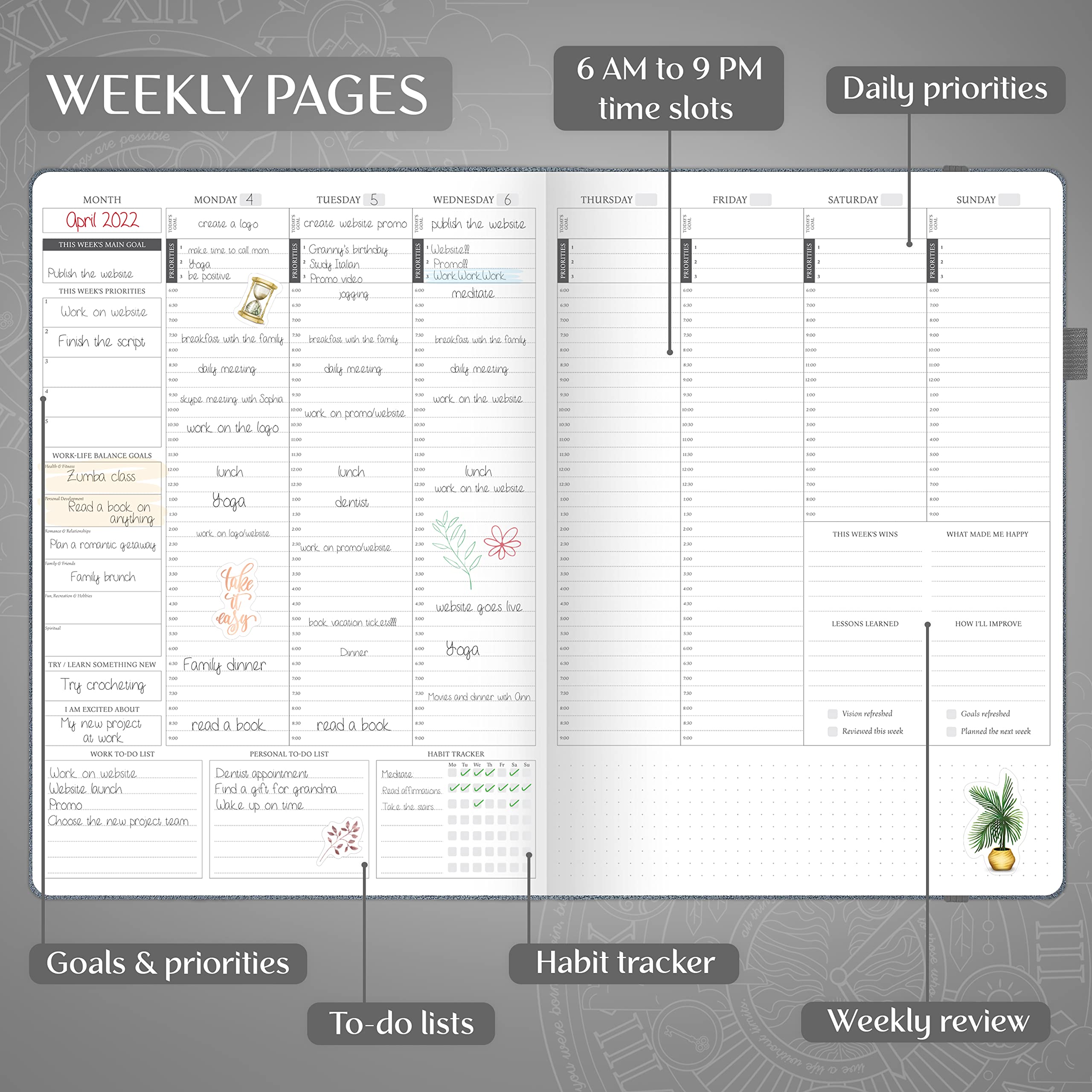 Legend Hourly Planner PRO Premium – Large Undated Schedule Planner with Time Slots – Personal & Work Organizer for Daily, Weekly & Monthly Planning – Time Management Planner – A4 size (Mystic Gray)