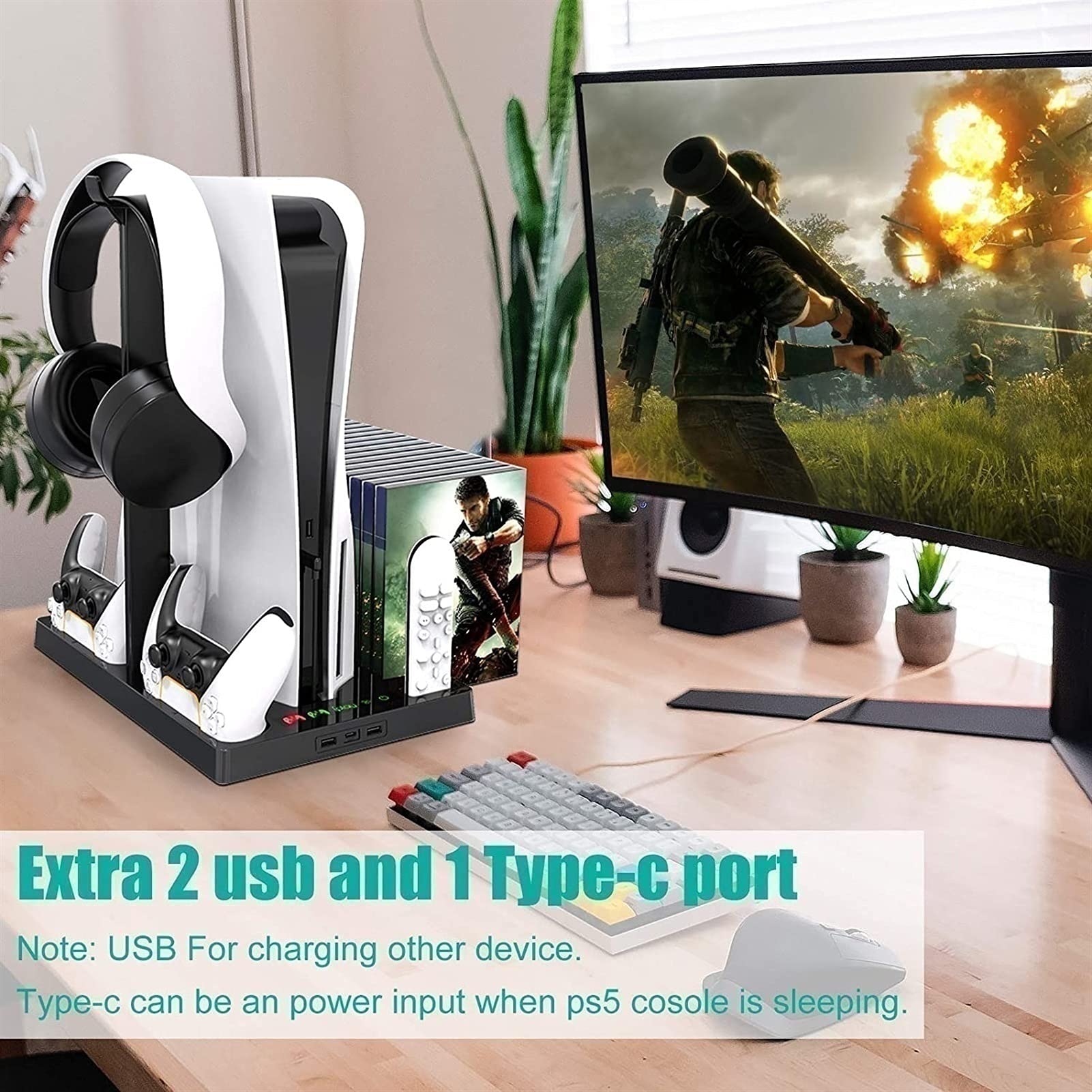 LVHI Vertical Stand for PS5 with Cooling Fan Digital Edition/Ultra HD Playstation 5 Stand Controller Charge Station with Dual Controllers EXT Port Charger Dock and 15 Game Slots