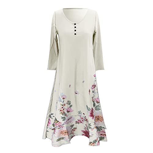 Long Dress for Women Retro Floral Maxi Dress Pattern Printed Layered Swing Dress White