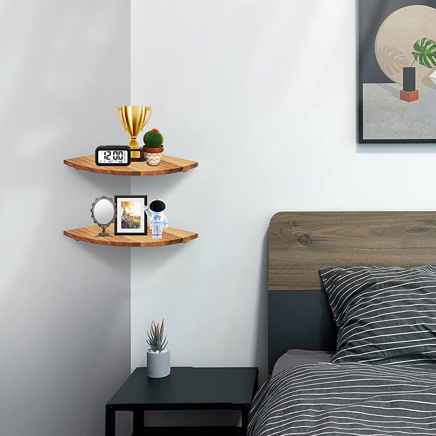 YuPinDiZu Corner Wall Shelf, 2 Pack Solid Wood Corner Floating Shelves for Wall, Round End Wall Mounted Floating Corner Shelf for Bedroom,Living Room and Kitchen (12INCH(2PCS))