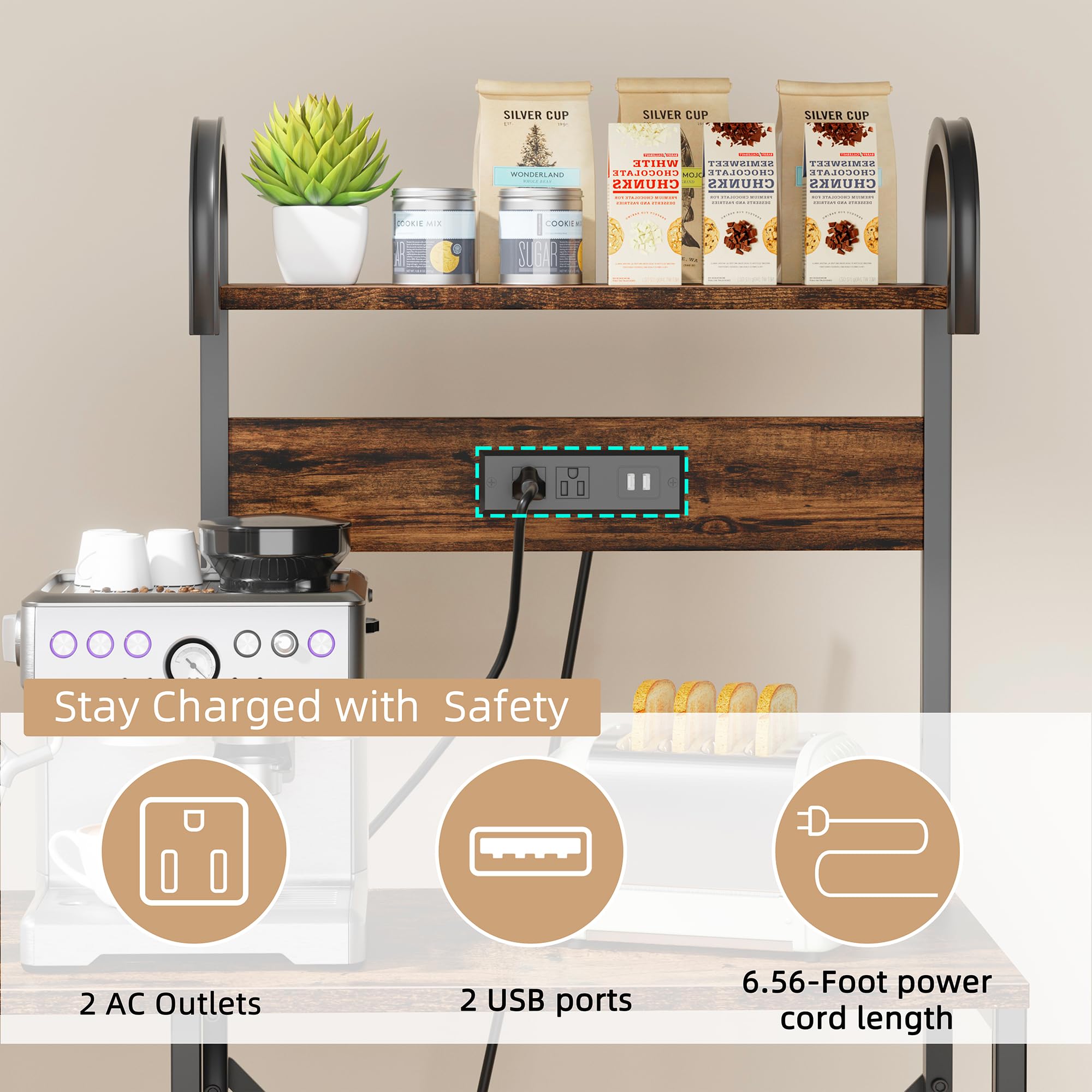 JAMFLY Bakers Rack with Power Outlet, Microwave Stand, kitchen Storage Shelf with 6 Hooks, Coffee Bar Station with Wire Basket, 6 Tier Kitchen Rack for Living Room, Spice, Pots and Pans Organizer