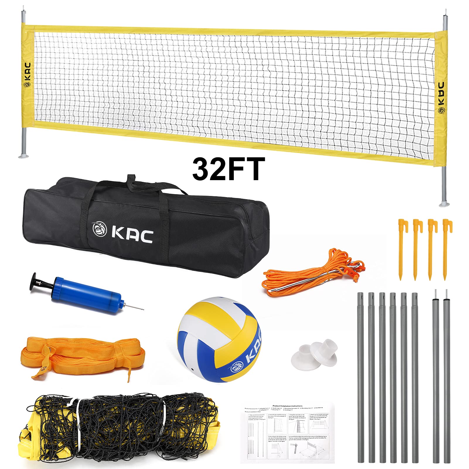 KAC Portable Volleyball Sets, Outdoor Volleyball Net System for Outdoor Beach Backyard, FIVB Nets Standard with Height Adjustable Aluminum Poles