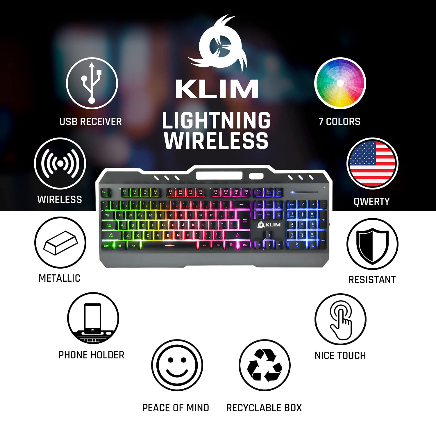 KLIM Lightning Wireless Keyboard US New 2024 + Metal Frame and Durable Keys + Mechanical Feel Keyboard for PC PS4 PS5 + 5-Year Warranty + Wireless Gaming Keyboard with Bright Rainbow Backlighting