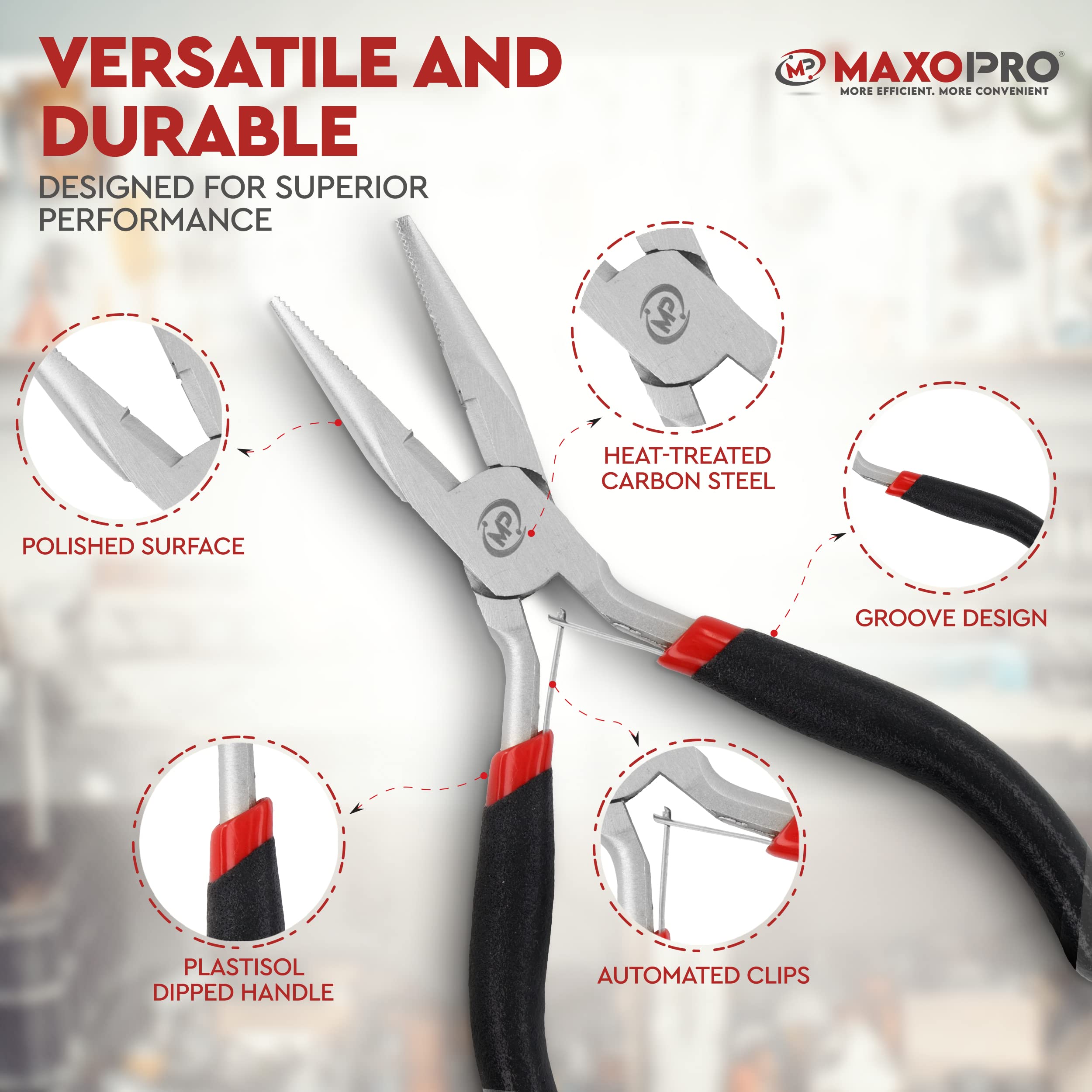 Premium Needle Nose Pliers Set β 5Pcs Anti-slip Comfort Grip Small Pliers Set - Round Nose, Toothless Needle Nose, Flat Nose, Diagonal & Toothed Needle Nose Pliers for Jewelry Making - By MaxoPro