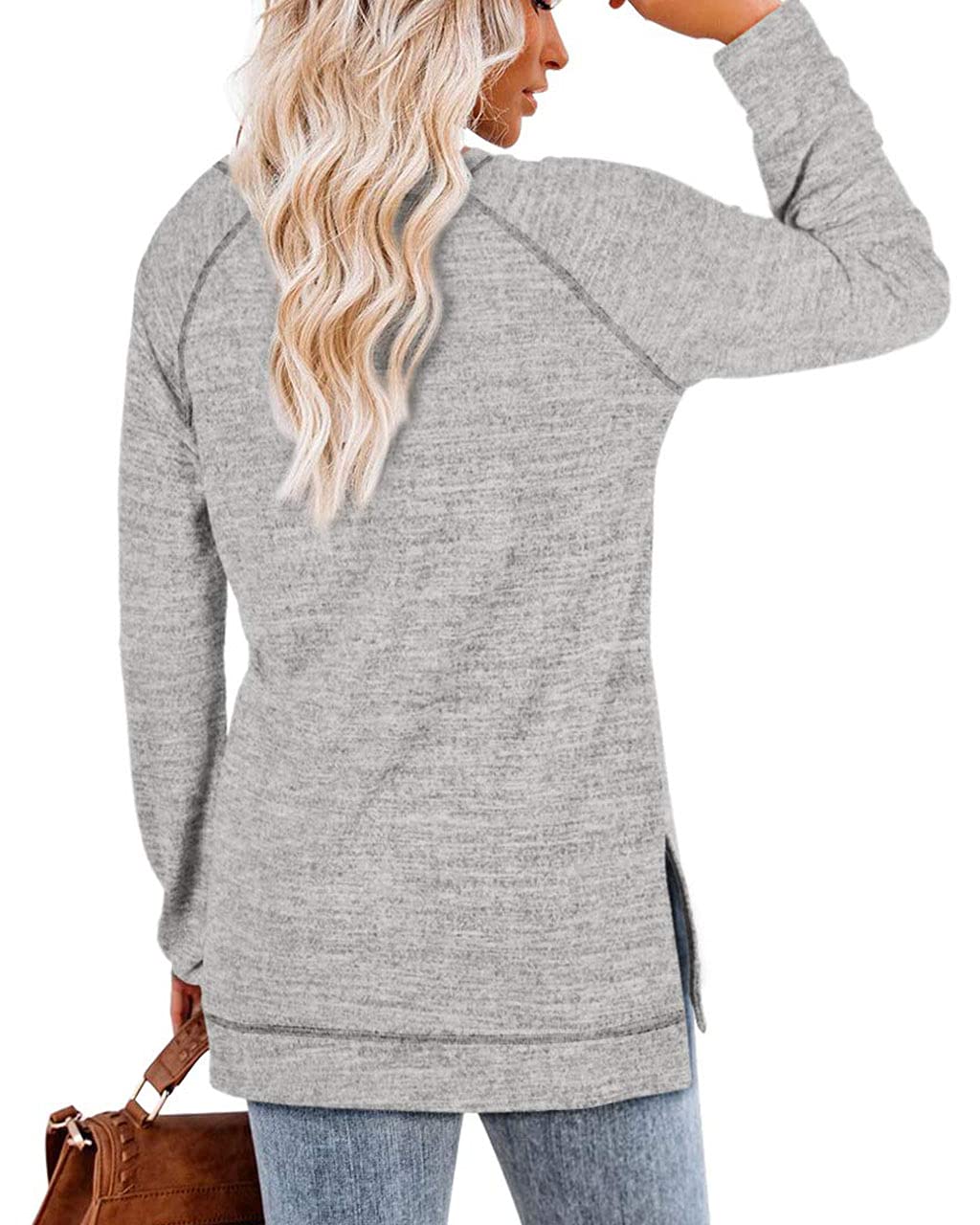 Long Sleeve Tunic Tops For Women Casual Plain Shirts Loose Fitting Pullover Sweatshirts(L,Light Grey)