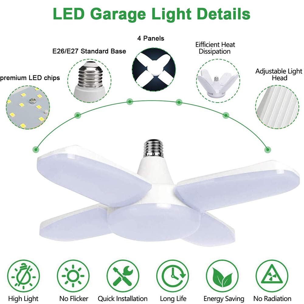 LED Garage Lights Soyond 60W Deformable LED Garage Ceiling Light E26/E27 6000LM 6500K LED Shop Lamp Barn Lights with 4 Adjustable Panels for Garage Warehouse Workshop Basement Barn Daylight