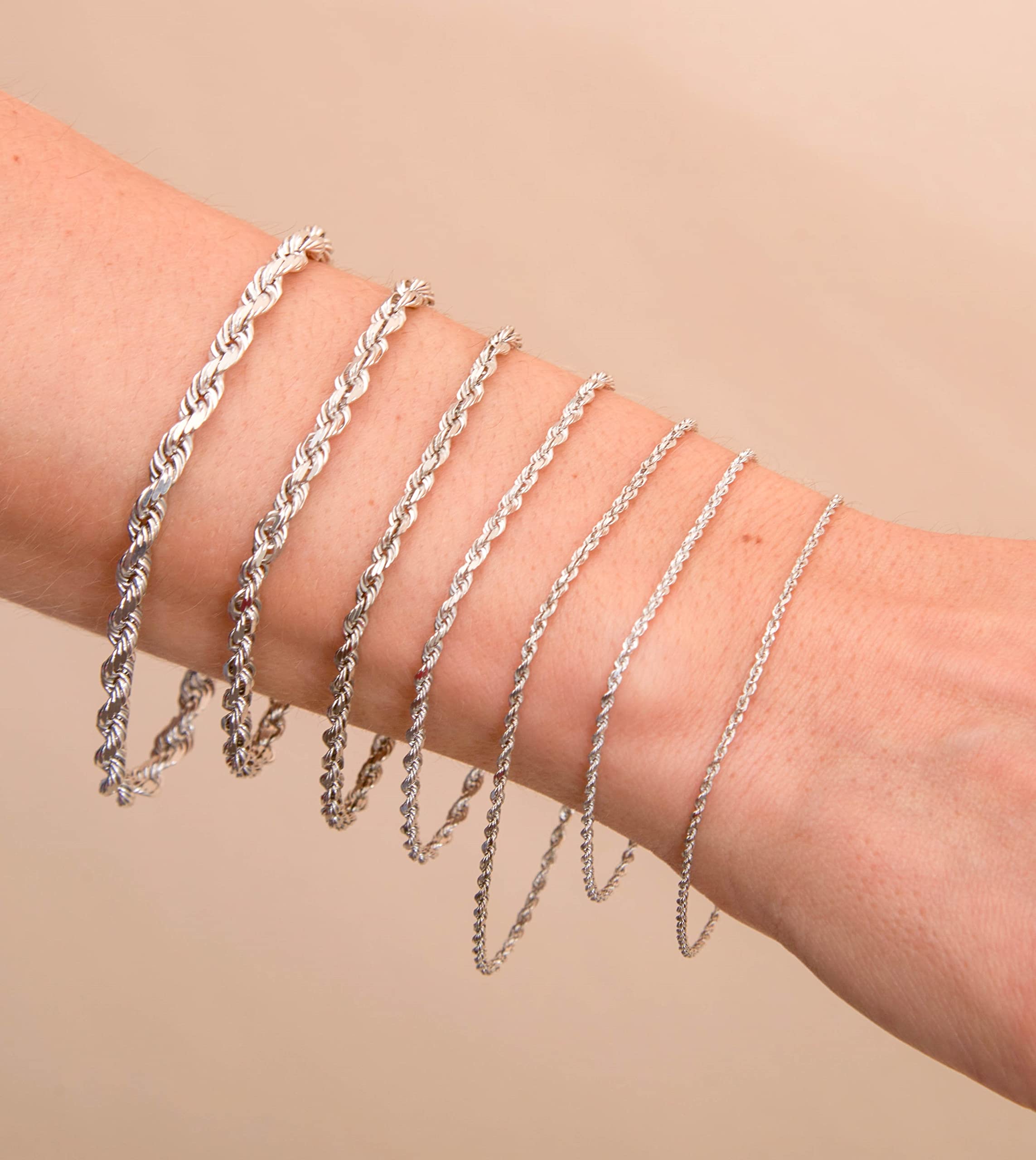 Olive & Chain Solid 10k White Gold Rope Chain Bracelet, Twisted Rope Chain for Men & Women