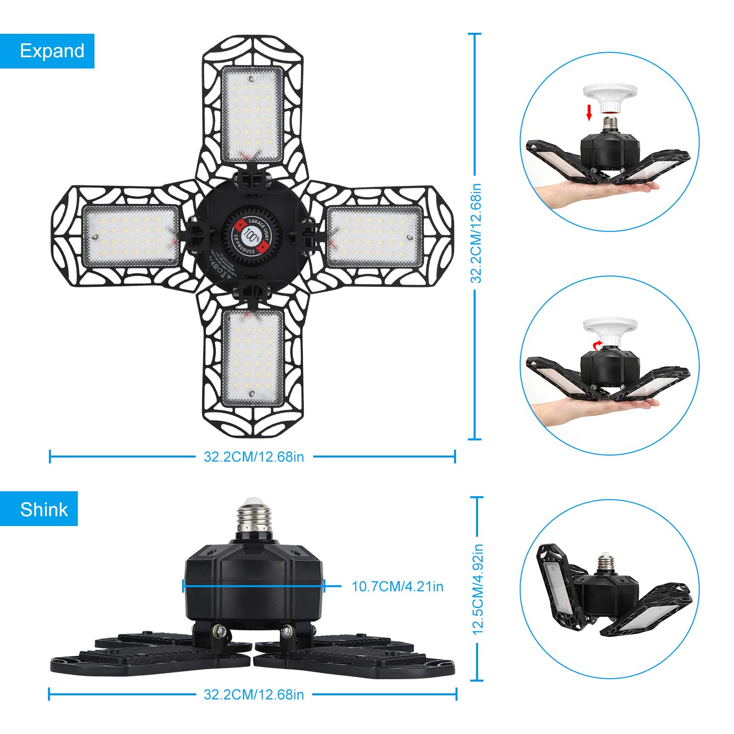 LED Garage Light 120W Super Bright Garage Ceiling Lights with 4 Adjustable Panels, E26 12000lm LED Ceiling Light Deformable Garage Led Light for Garage, Warehouse, Workshop, Basement, Gym