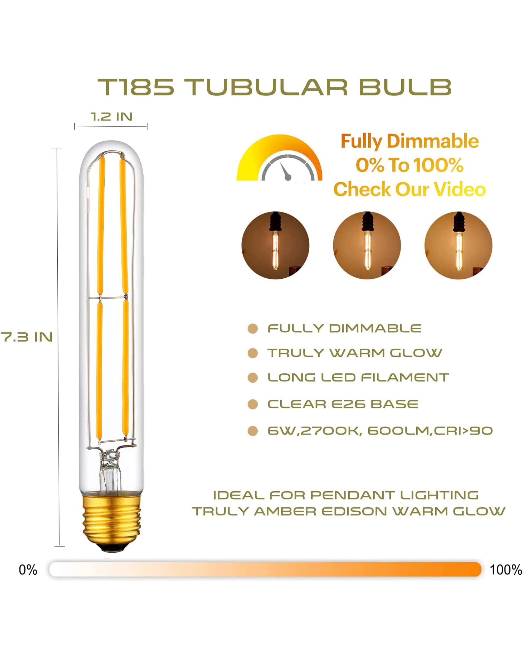 Long T10 LED Bulb, 7.3in Vintage Edison Dimmable Bulb 6W 2700K Warm White Tubular Bulbs, E26 Medium Base Clear 600LM 60W Equivalent for Cylinder Pendant Wall Sconces Chandelier Vanity 6Pack
