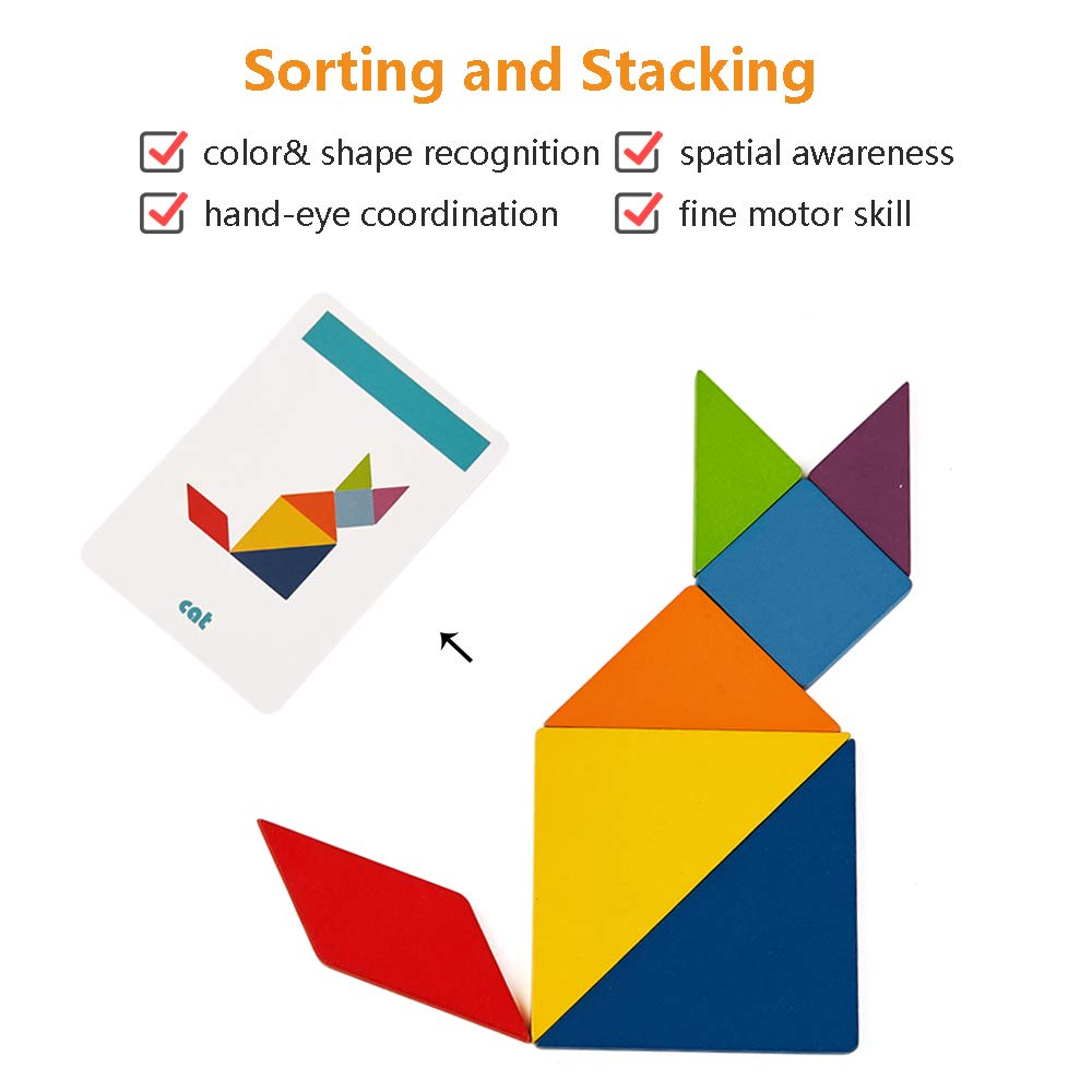 LiKee Wooden Pattern Blocks (7 Pieces and 60 Cards)