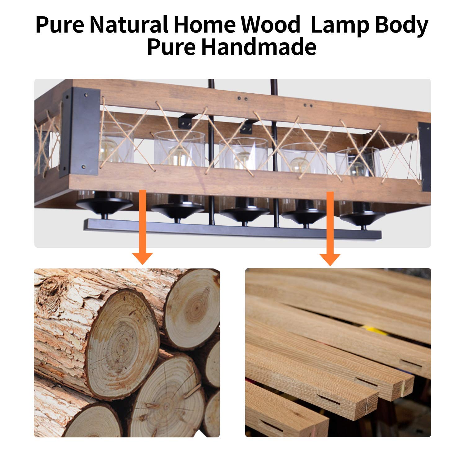 LEDMO 40" 5-Light Kitchen Island Lighting, Rustic Island Pendant Light Fixture, Wood E26 60W UL Listed(LED Bulbs Include)
