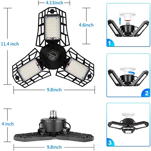 LED Garage Light, 60W Collapsable Garage Ceiling Lights 6000 Lumens, CRI 80 Shop Light for Garage, Tribright Mining Lamps with 3 Adjustable Panels, LED Light Bulbs for Basement Warehouse Etc.(1 Pack)