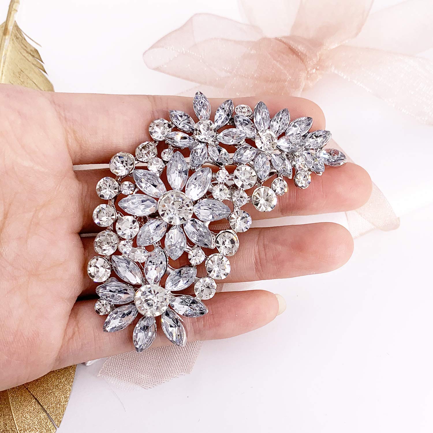 LAXPICOL Vintage Clear Austrian Crystal Flower Leaf Bouquet Clusters Large Big Brooch Pin for Women Wedding Broach