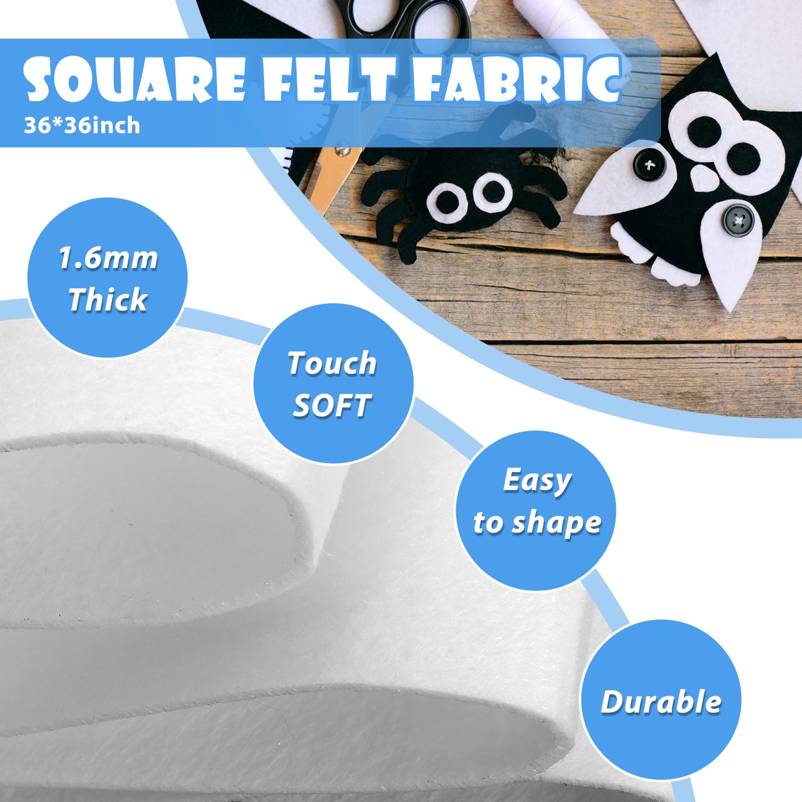 White Felt Sheets 36 X 36" Felt Fabric by The Yard (1 Square Yard) 1.6mm Thick Felt Sheet Soft Craft Felt Cloth White Felt Fabric Craft Felt Material for Sewing DIY Art Craft Project Decorations