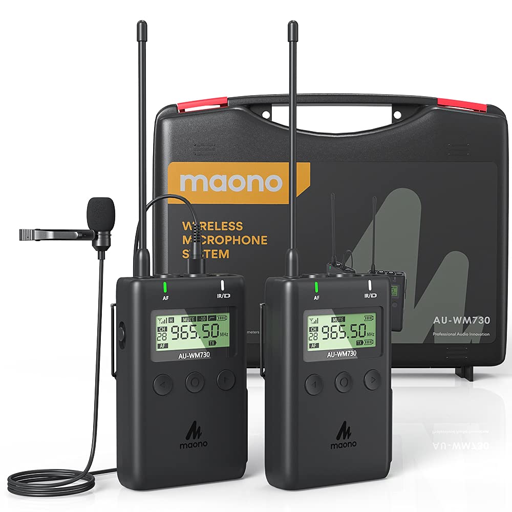 MAONO Wireless Lavalier Microphone System, Lapel Mic with -10dB Attenuation and Low Cut, Real-time Audio Monitoring, 48-Channel and Mute Compatible with Canon Nikon Sony DSLR, Camcorders(AU-WM730)