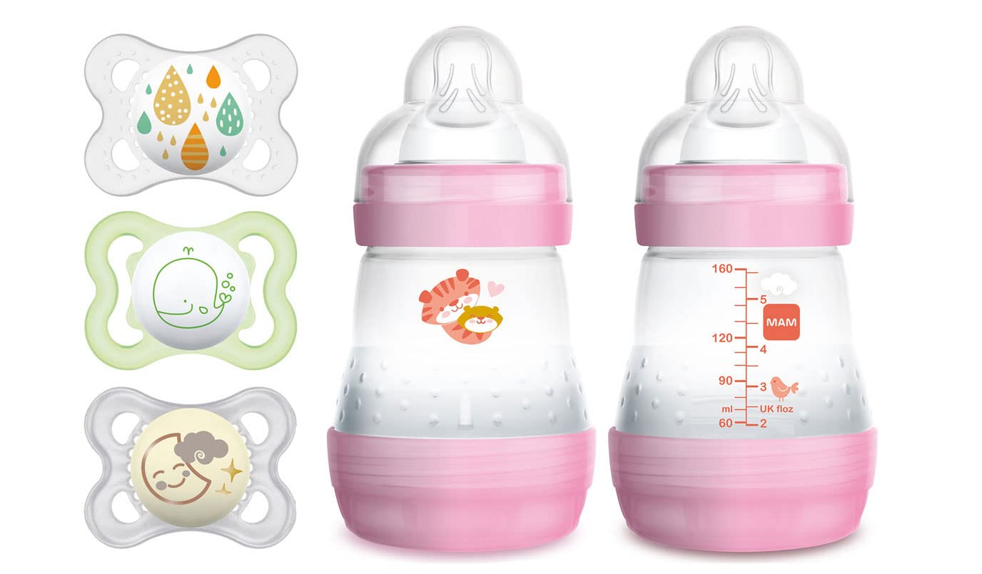 MAM Easy Start Anti-Colic 5 oz. Bottles, 2 Count, Newborn, Matte/Girl & MAM Variety Pack Baby Pacifier, 3 Count, 0-6 Months, Unisex, (Pack of 5)