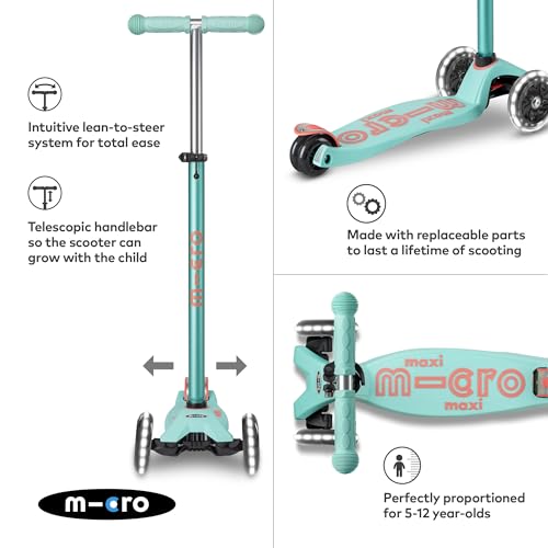 Micro Kickboard - Maxi Deluxe LED 3-Wheeled, Lean-to-Steer, Swiss-Designed Micro Scooter for Kids with LED Light-up Wheels, Ages 5-12 (Mint)