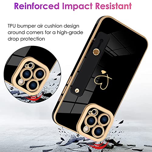 ZIYE for iPhone 13 Pro Max Luxury Electroplated Case with Strap Love Heart Plating Gold Bumper Cover for Women Girls Anti-Scratch Shockproof Back Phone Case for iPhone 13 Pro Max 6.7 Inch