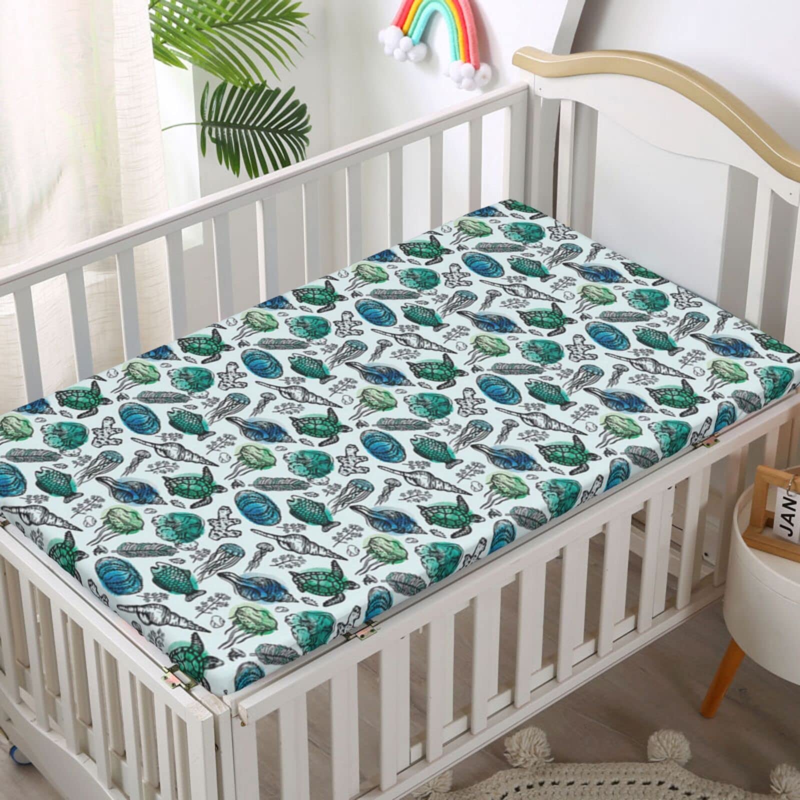 Sea Turtle Themed Fitted Crib Sheet,Standard Crib Mattress Fitted Sheet Soft Toddler Mattress Sheet Fitted-Crib Mattress Sheet or Toddler Bed Sheet,28β x52β,Baby Blue Black Multicolor