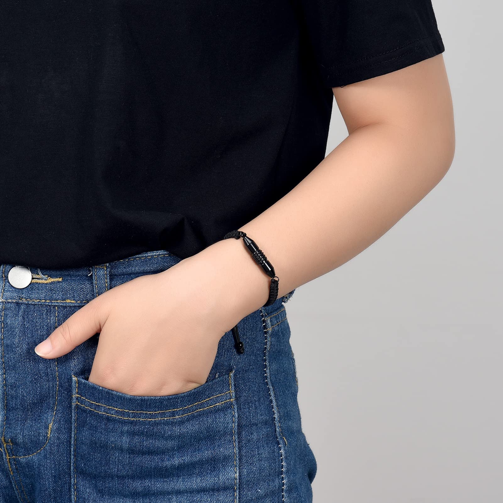 Imrsanl Stainless Steel Cremation Bracelet for Ashes - Bullet Urn Bangles for Human Ashes - Cylinder Memorial Ashes Keepsake Jewelry for Men Women - Adjustable Black
