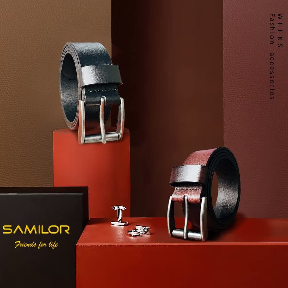 Mens Belt Leather for Jeans, Samilor Full Grain Leather Work Belt 1.5", 100% Fine Leather Belt Roller Buckle for Casual Pants,BLACK, SIZE 37-40