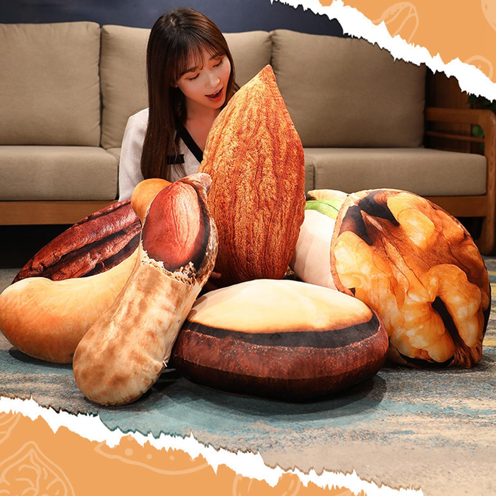 Whlo4U Simulation Almond Plush Pillow, Almond Stuffed Plush Throw Pillow, Home Sofa Decoration, Birthday Christmas Funny Gift for Kids Adults