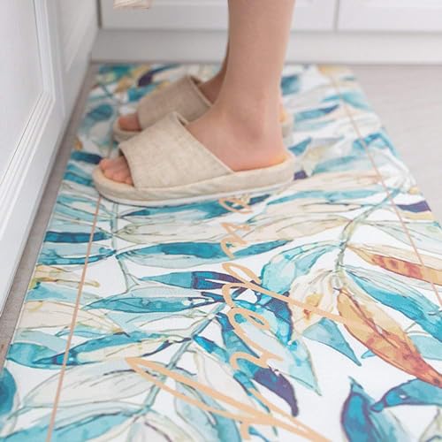 Kitchen Rug Set, LEEVAN Kitchen Floor Mats 2 Piece PVC Leather Anti Fatigue Comfort Heavy Duty Waterproof Oil Proof Non-Skid Rubber Back Washable Doormat Bathroom Area Rug(17" X 29"+17" X 59", Leaves)