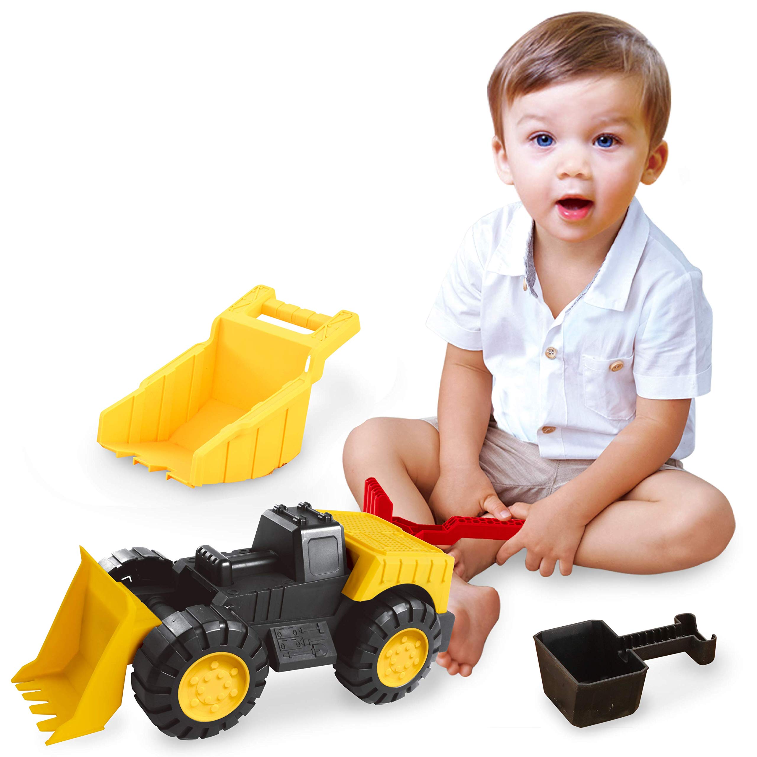JOYIN 9 PCS Take Apart Assemble Construction Truck Beach Sand Toy Set, for Kids Outdoor Play, Includes Shovels, Rake, Spoon, Castle Mold, and Sand Sifter
