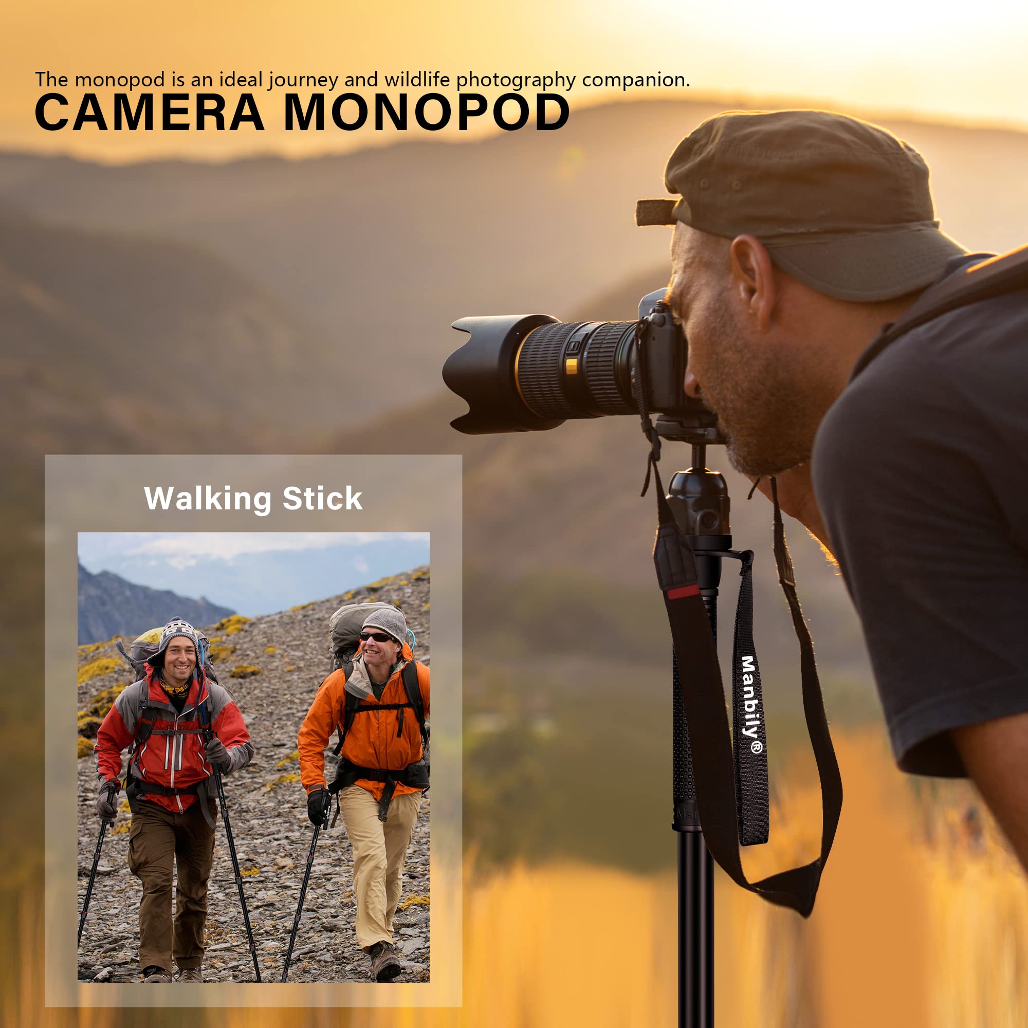 Manbily 65-Inch Camera Monopod, 5 Sections Aluminum Travel Monopod for Canon Nikon Sony DSLR Cameras Video Camcorder, Compact Portable Monopod Lightweight Walking Trekking Stick(E-222)