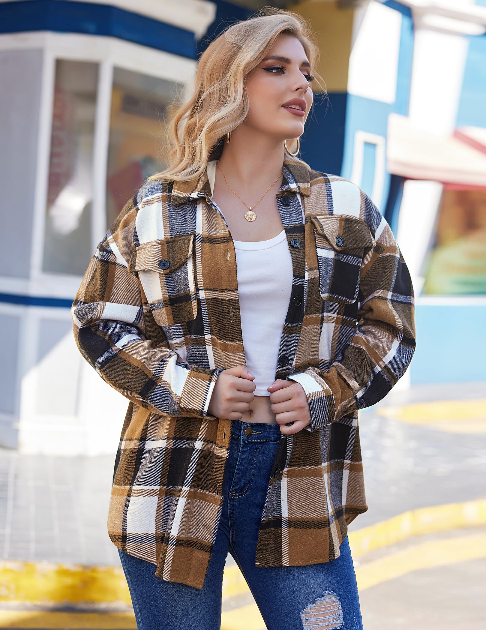 IN'VOLAND Women's Flannel Plaid Shacket Casual Button Down Long Sleeve Flannel Shirts Plus Size Fall Tartan Jacket Brown 24W