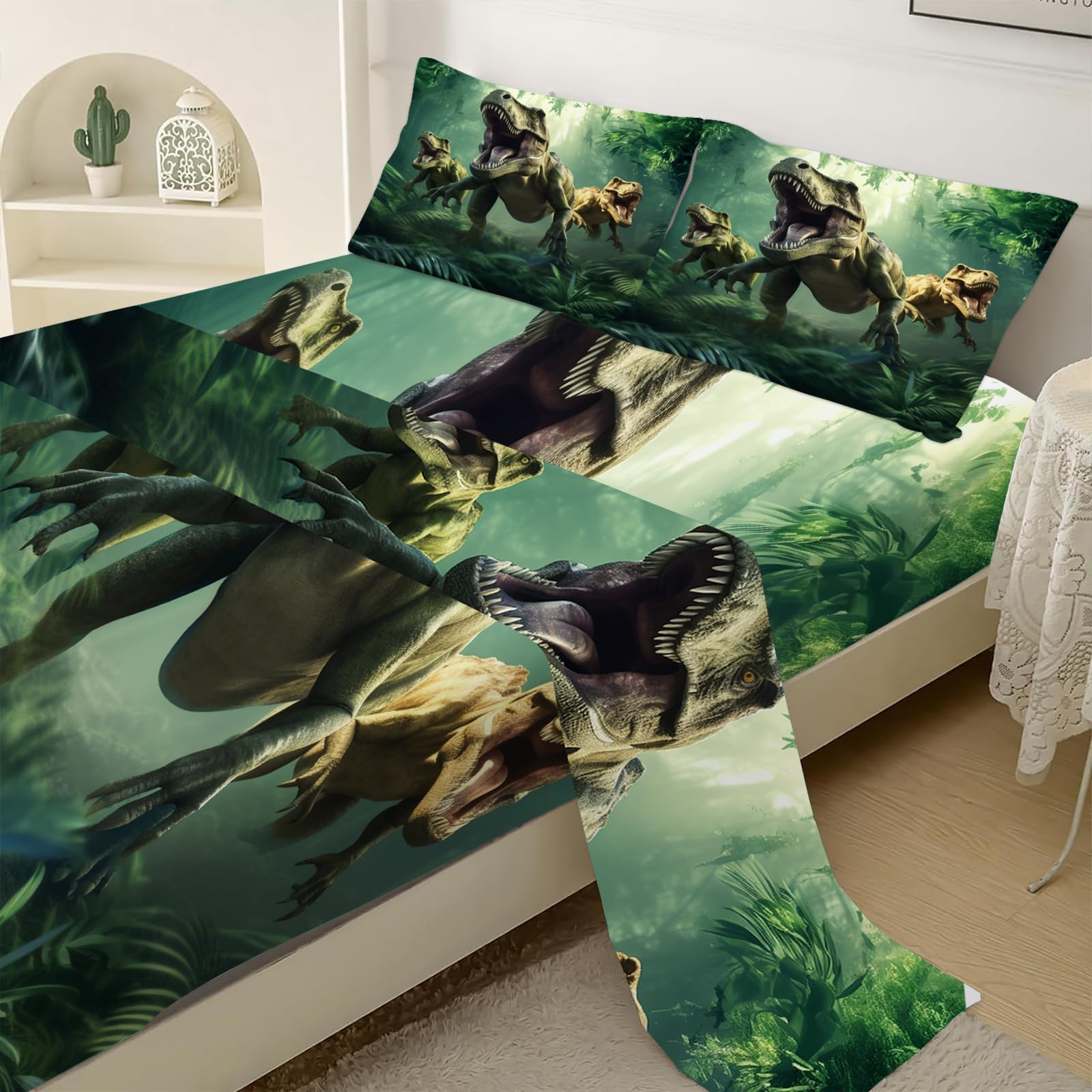 VTKON Dinosaurs Bed Sheets Twin for Boys Easy Care Dinosaur Bedding Set 3D Green Realistic Dinosaur Sheets Kids Soft Microfiber Bedding Sheets Set with 1 Fitted Sheet 1 Flat Sheet and 1 Pillowcase
