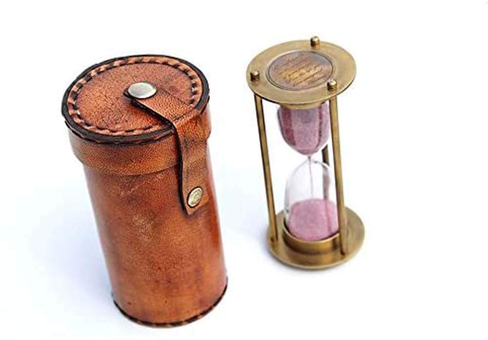 ROORKEE Instruments Nautical Brass Hourglass, Sand Clock, Sand Timer with Thoreau's Go Confidently Poem Carved on Both Sides, Metal Sand Watch with Beautiful Leather Case, Home, Desk, Office Décor.