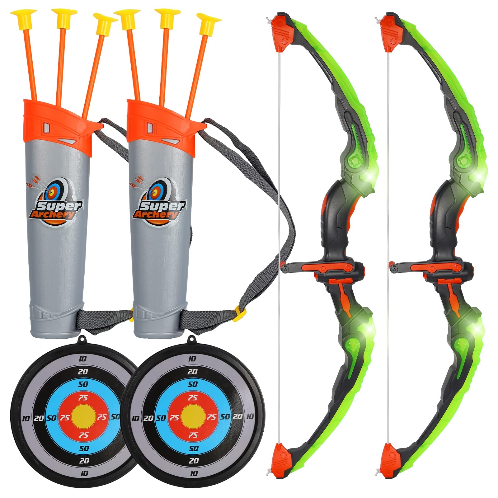 MorTime 2 Pack Bow and Arrow Set with LED Flash Lights, Practice Outdoor Toys for Kids ,Green Light Up Archery Toy Set -includes 6 Suction Cup Arrows