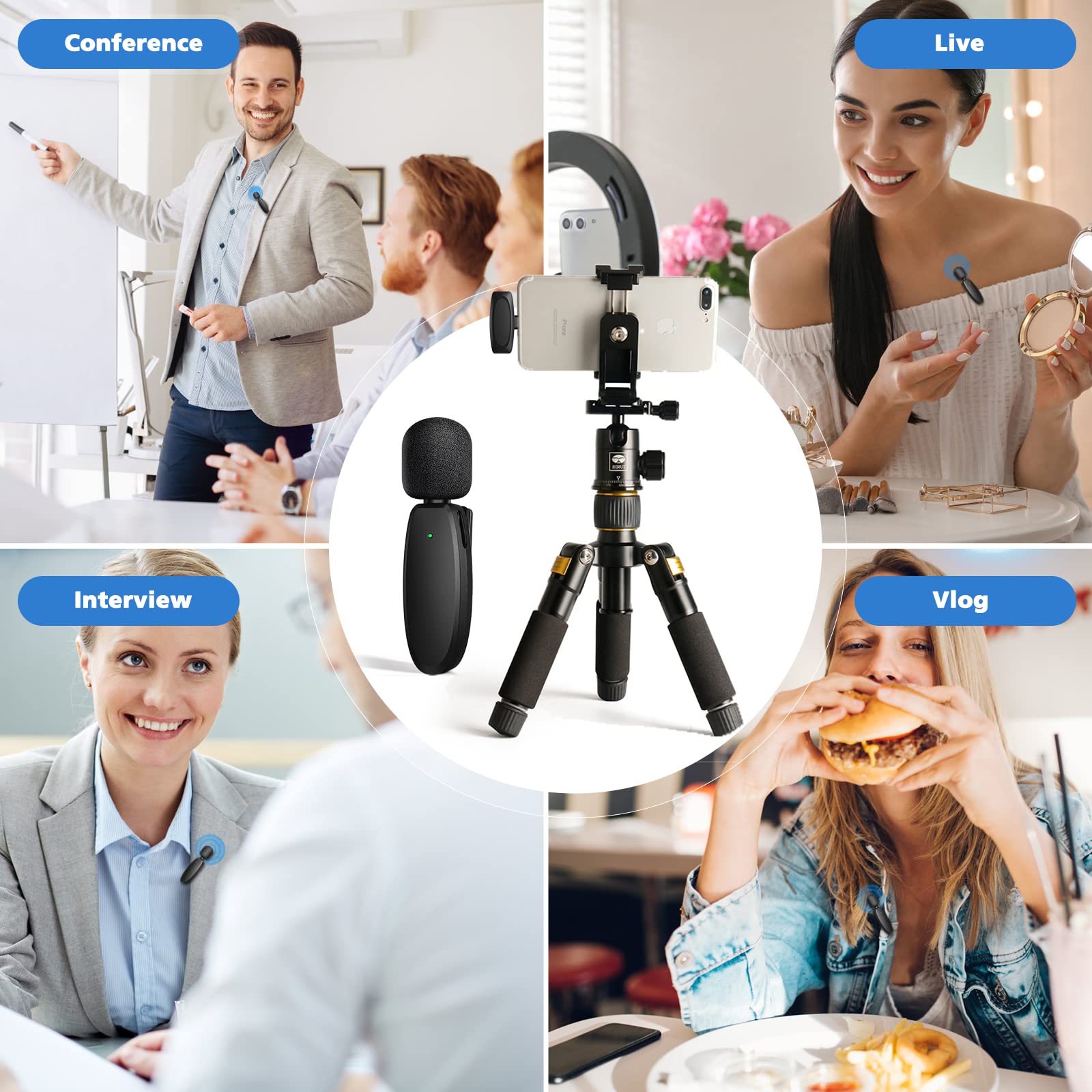 Oleciya Wireless Lavalier Microphone Lapel Mic for iPhone,iPad Cordless Video Recording 2 Clips on Microphone for YouTube TikTok Live Stream Interview Vlog Podcast