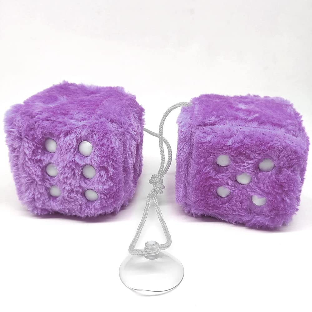 Pair 3β Purple with White Dots Mirror Fuzzy Plush Dice, Purple and White Soft Plush Car Decorative Hanging Ornament.