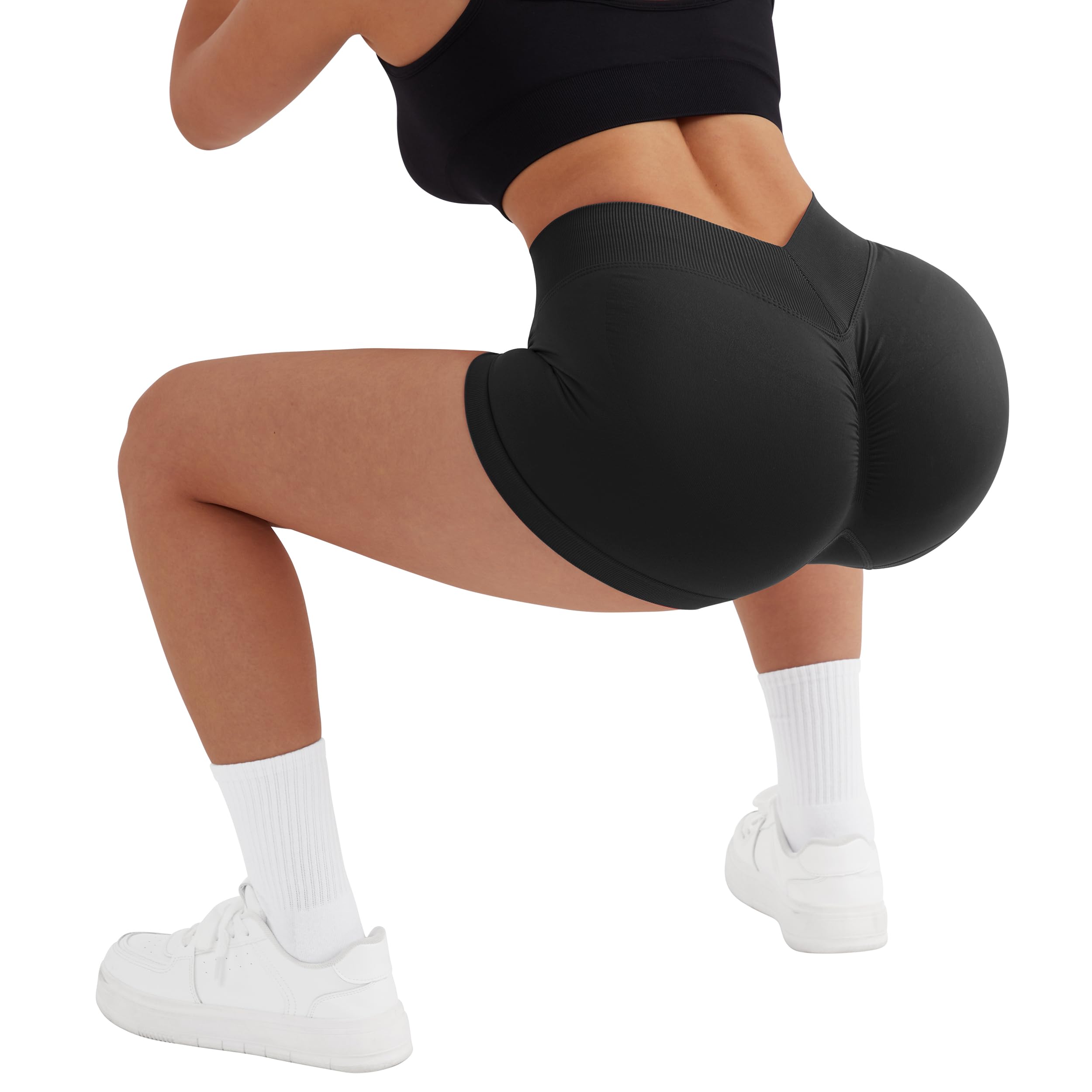 MOOSLOVER Women V Cross Waist Workout Shorts Butt Lifting High Waisted Biker Shorts(M,#2 Black)