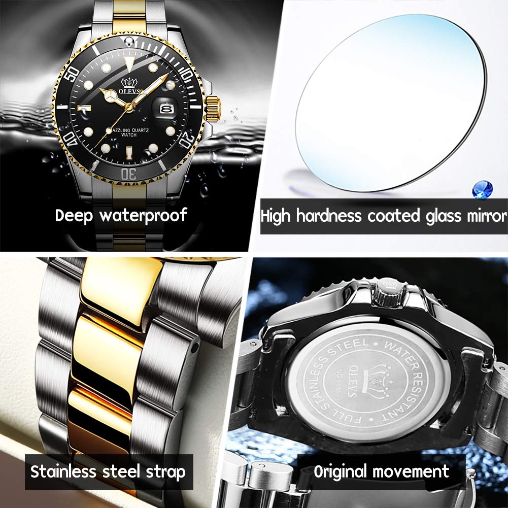 OLEVS Men's Classic Watch with Date Stainless Steel Large Dial Gold/Silver/Blue/Black Waterproof Luminous Luxury Dress Watch Beautiful Gift Box