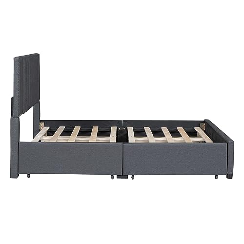SIYSNKSI Full Size Upholstered Platform Bed with Classic Headboard and 4 Drawers, Linen Fabric Platform Bed Frame, Wood Storage Platform Bed for Kids Teens Adult Bedroom (Gray + Linen 79)