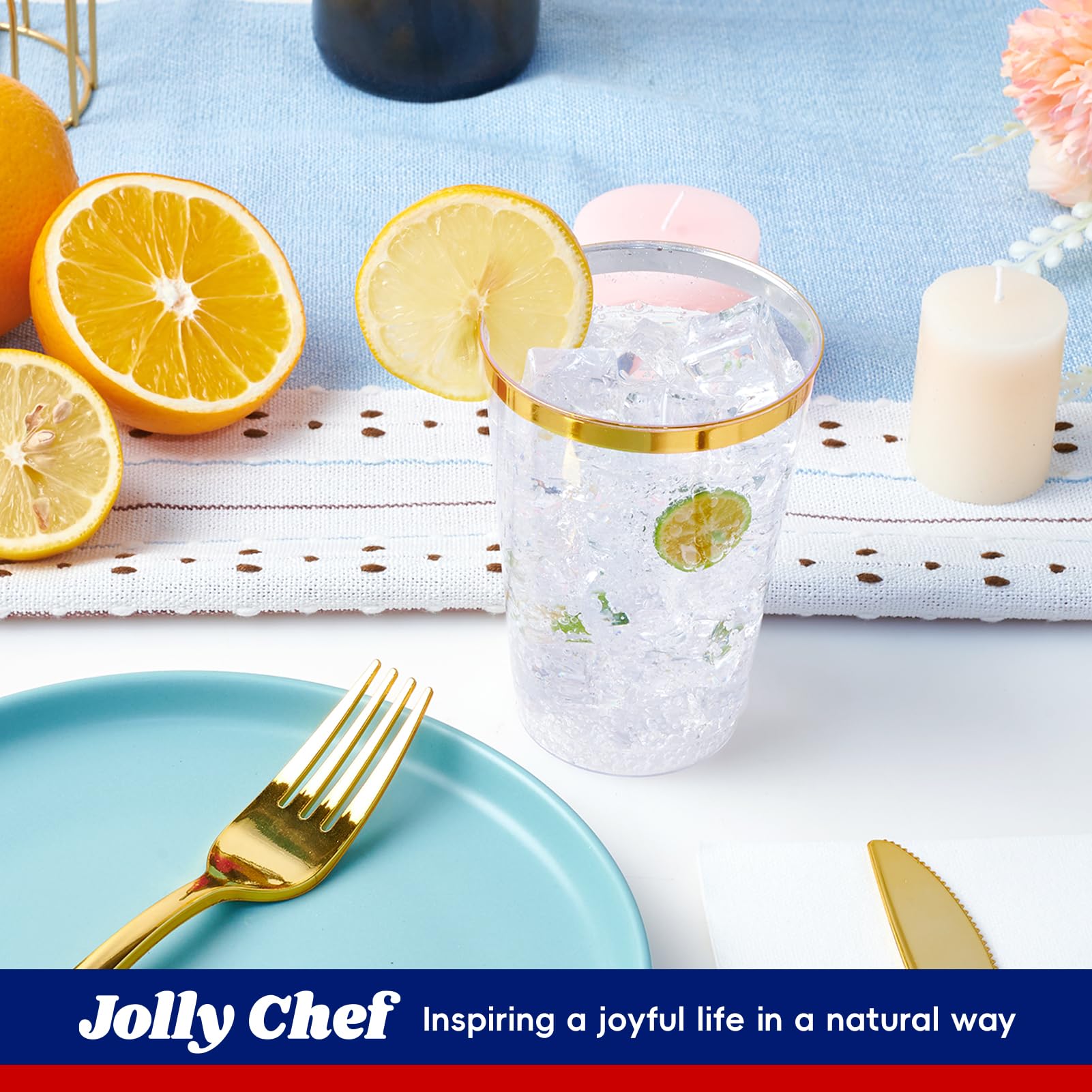 JOLLY CHEF 100 Pack Gold Plastic Cups, 12 oz Clear Plastic Cups Tumblers, Elegant Gold Rimmed Plastic Cups, Disposable Cups with Gold Rim Perfect for Wedding, Thanksgiving Day, Christmas Party Cups