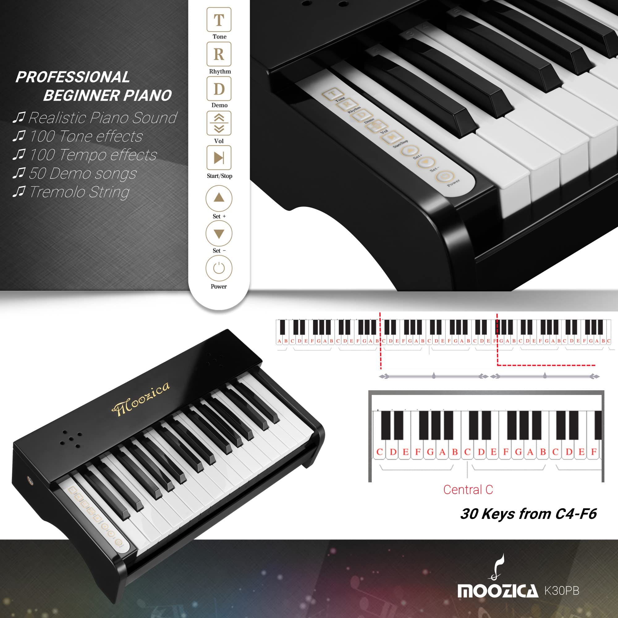 MOOZICA Beginning Piano, Solid Wood Multi-functional Digital Keyboard Piano for Beginner Piano For Kids (30 Keys-Black)