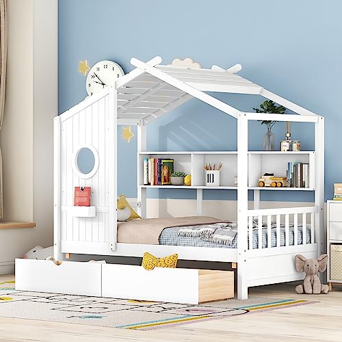 SIYSNKSI Kids House Bed with 2 Drawers and Storage Shelf, Twin Size Daybed Sofa Bed Frame with Roof and Window Design, Playhouse Design Daybed for Boys Girls Bedroom, No Box Spring Needed (White-G1)