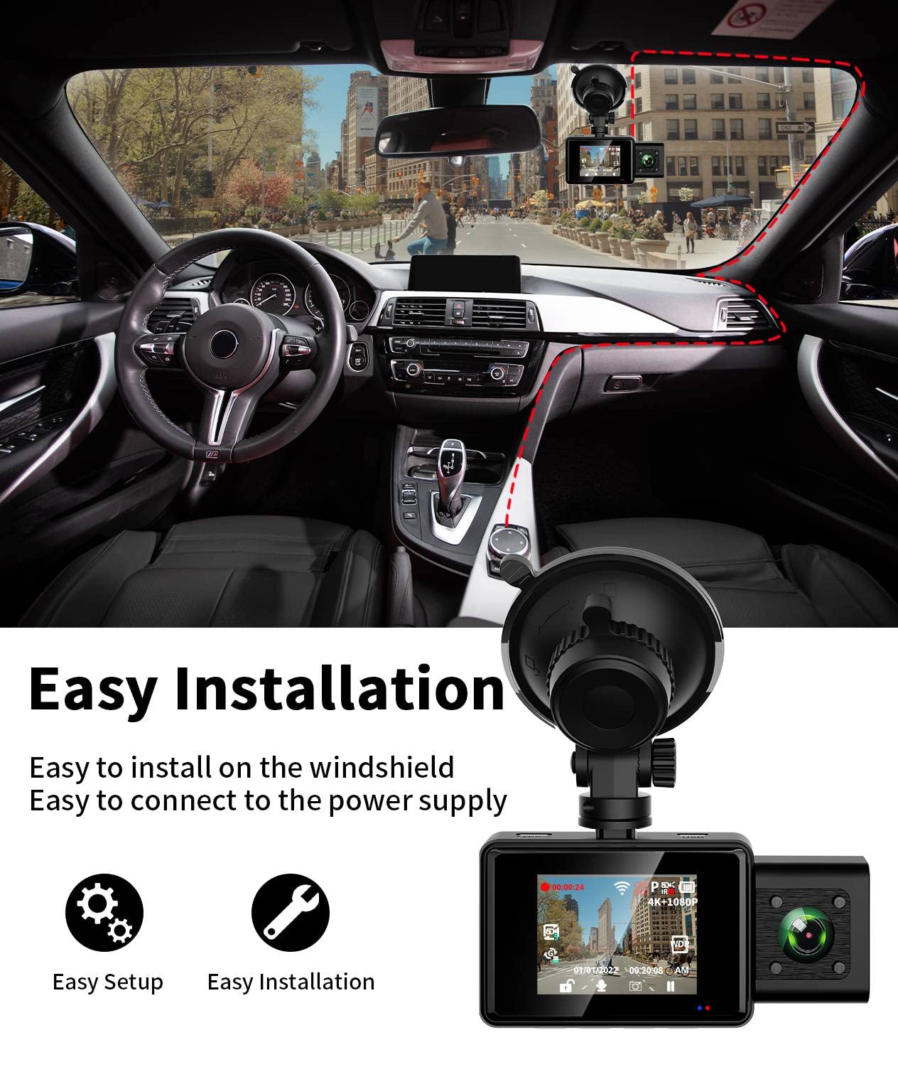 Moplasz 4K Dash cam, WiFi Dual Dash Cam Front and Inside with GPS, App, Night Vision, Loop Recording, G-Sensor, 24/7 Parking Monitor, Support 256GB Max (Black)